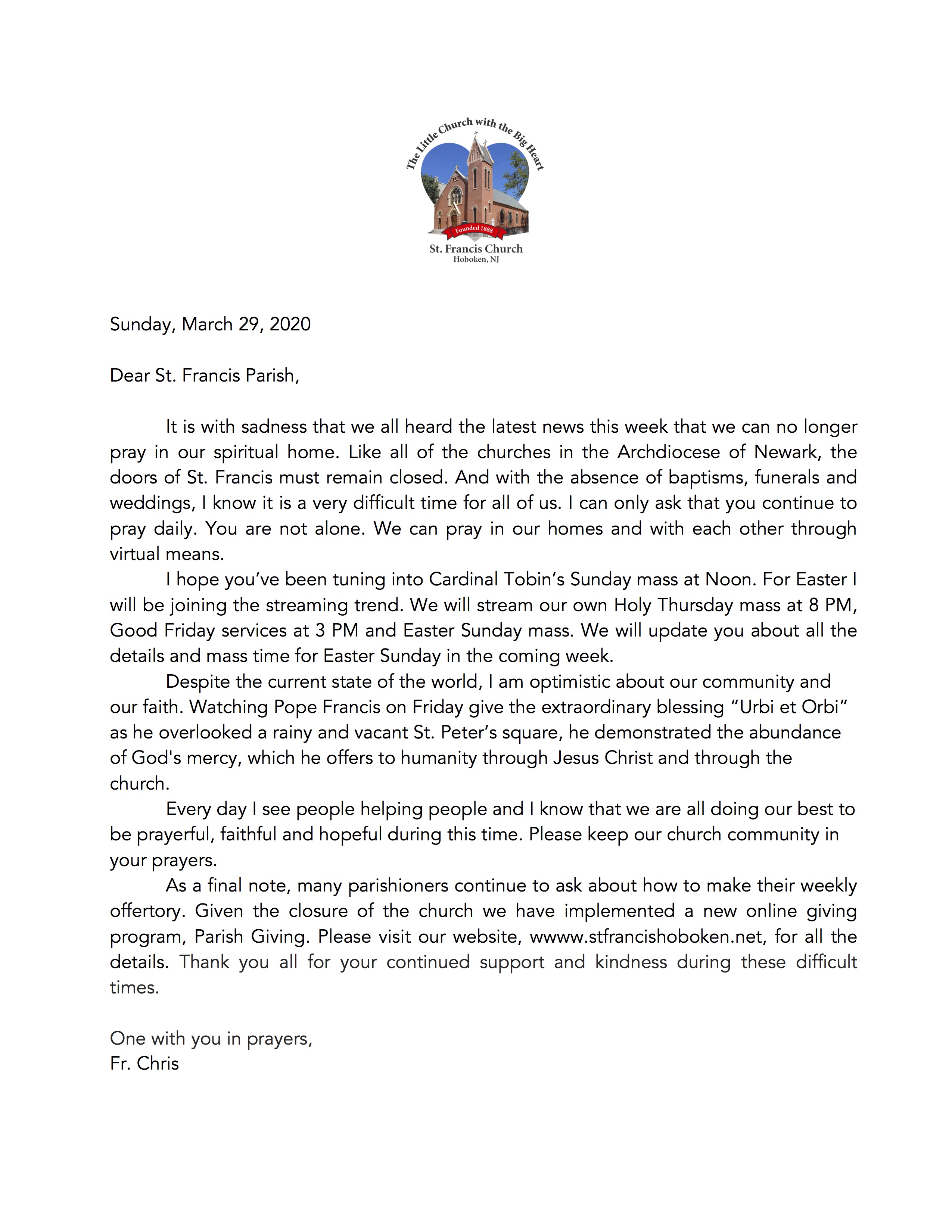 Fr. Chris Weekly Letter 2 – St. Francis Church